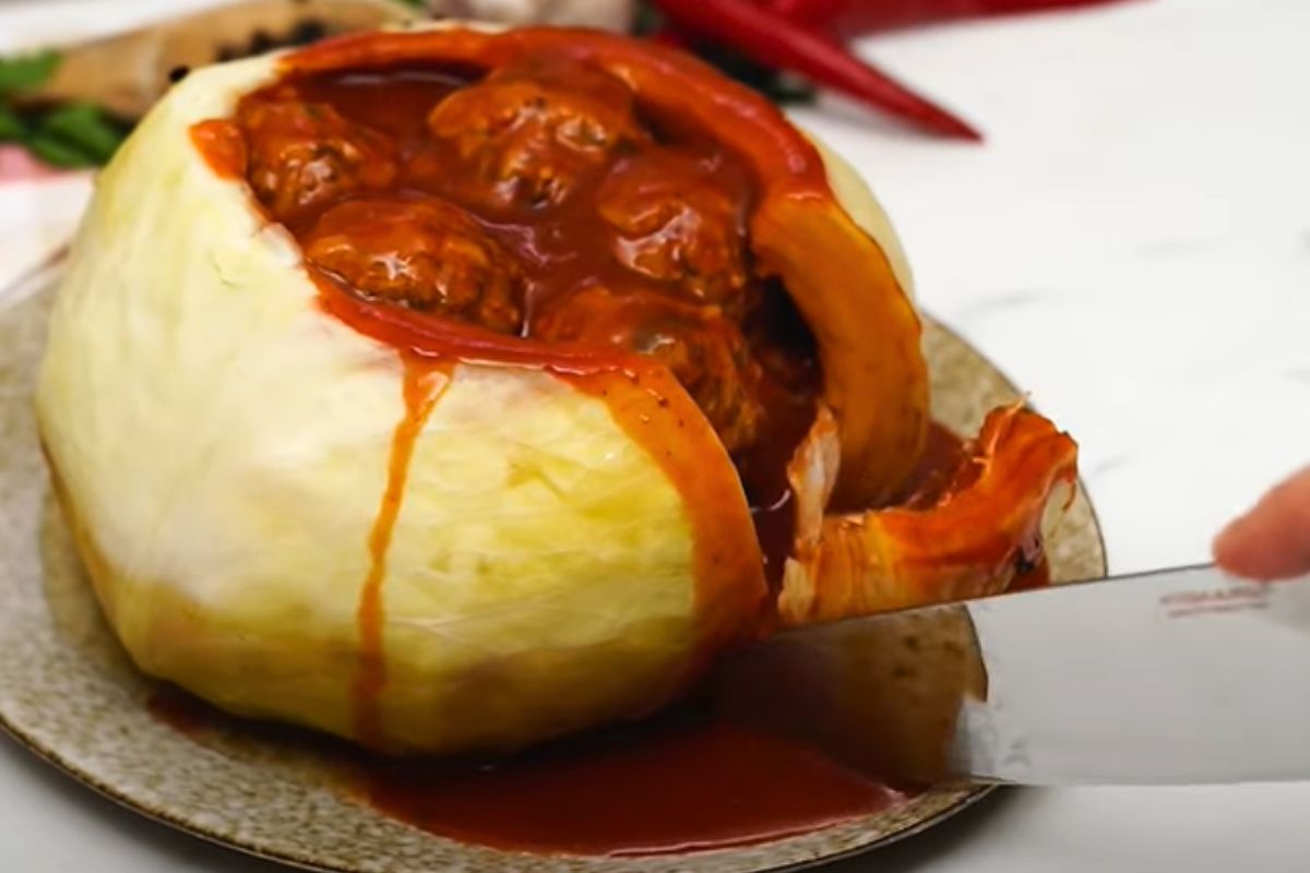 Reinvented stuffed cabbage: Meatball-stuffed head delight