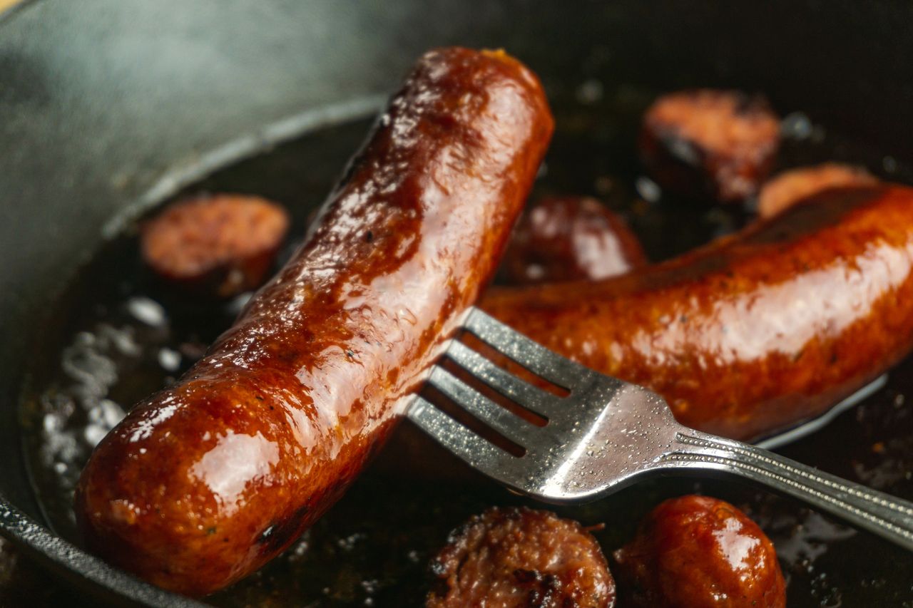 Frying sausages store