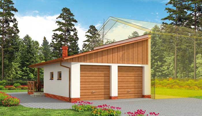 Projekt garażu GP12 garaż dostawiany dwustanowiskowy z werandą 64,71 m² - EXTRADOM
